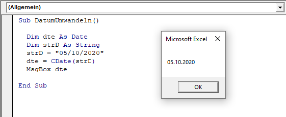 Vba Cdate Funktion String In Datum Umwandeln Automate Excel