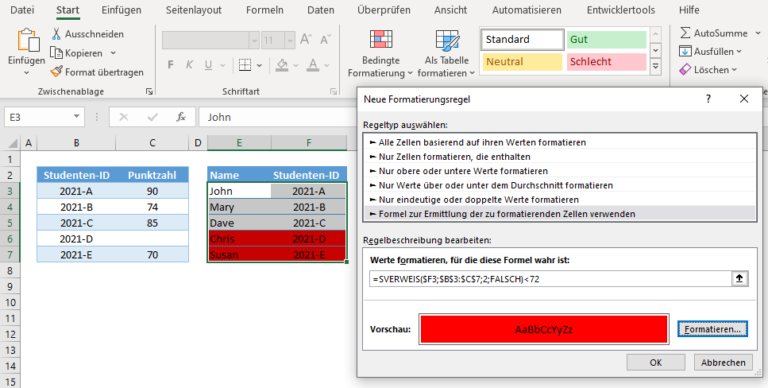 Bedingte Formatierung basierend auf SVERWEIS-Ergebnis - Excel & GS ...