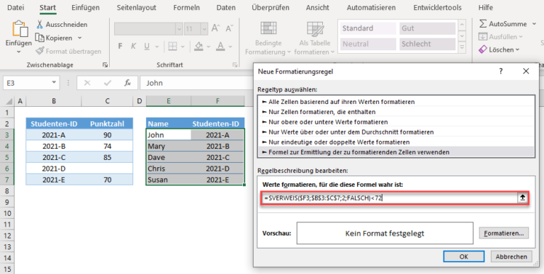 Bedingte Formatierung basierend auf SVERWEIS-Ergebnis - Excel & GS ...