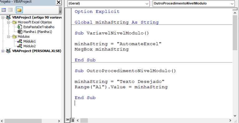 VBA - Variável Global - Automate Excel